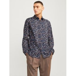 Jack & Jones Langarmhemd JACK & JONES "JPRBLANORDIC PRINT SHIRT L/S SN", Herren, Gr. S, N-Gr, blau (night sky), Web, Obermaterial: 100% Baumwolle, bedruckt, comfort fit, 2-Knopf-Manschette, Hemden Langarmhemd