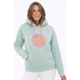 Hoodie Zwillingsherz "Love Yourslef", Damen, Gr. L/XL (L/XL), blau (t&uuml;rkis), Sweatware, Obermaterial: 80% Baumwolle, 20% Polyester, unifarben, normal normal, ohne Ausschnitt, angesetztes B&uuml;ndchen, Sweatshirts Hoodie, runde gro&szlig;e Frontstickerei, farbige Kordel, K&auml;ngurutasche