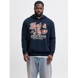 Jack & Jones PlusSize Hoodie "JJELOGO SWEAT HOOD 2 COL 24/25 NOOS PLS", Herren, Gr. 6XL, sky captain, angeraute Sweatware, Obermaterial: 70% Baumwolle, 30% Polyester, JACK & JONES PLUSSIZE, regular fit normal, ohne Ausschnitt, Rippb&uuml;ndchen, Sweatshirts Hoodie, mit Logo Frontprint