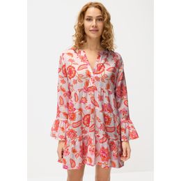 Longbluse Lascana, Damen, Gr. 40/42, bunt (orange, pink bedruckt), Web, Obermaterial: 58% Viskose, 28% Baumwolle, 14% Leinen, bedruckt, figurumspielend knieumspielend, Rundhals, Volant, Blusen Longbluse, mit modischen Volants, Topseller