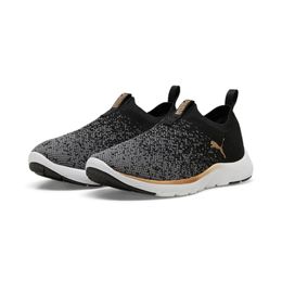 Slip-On Sneaker Puma "SOFTRIDE REMI SLIP-ON KNIT WNS", Damen, Gr. 41, schwarz (Puma schwarz, Puma gold, cool schwarz gray), Textil, Schuhe Slip-On Sneaker, mit SOFTFOAM+ D&auml;mpfung, leicht profilierte Synthetiklaufsohle, Topseller