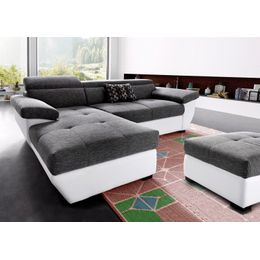 Ecksofa COTTA "Speedway L-Form", wei&szlig;, grau, B:265cm H:79cm T:102cm, Edles Flachgewebe ( 100% Polyester ) / Feine Struktur ( 100% Polyester );Kunstleder SOFTLUX / Luxus-Microfaser ( 100% Polyester );Kunstleder SOFTLUX / Struktur ( 100% Polyester ), Sofas, Ecksofa, mit Kopfteilverstellung, wahlweise mit Bettfunktion & Bettkasten