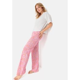 Pyjama LSCN BY LASCANA, Damen, Gr. 44/46, rosa (ecru, rosa, gemustert), Single Jersey, Obermaterial: 50% Baumwolle, 50% Viskose, loose fit lang, Rundhals, angeschnitten abgesteppte Kante, Homewear-Sets Pyjama, mit sch&ouml;nem Allover-Druck