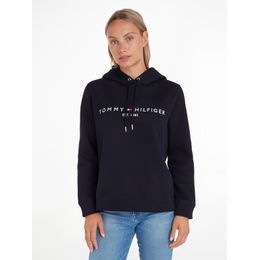 Kapuzensweatshirt Tommy Hilfiger, Damen, Gr. XS (34), blau (desert sky (dunkelblau)), Sweatware, Obermaterial: 64% Baumwolle, 36% Polyester, bestickt, unifarben, figurbetont h&uuml;ftlang, Rundhals, B&uuml;ndchen, Sweatshirts Kapuzensweatshirt, mit Tommy Hilfiger Logostickerei