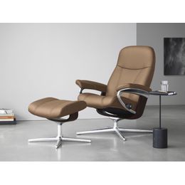 Relaxsessel stressless "Consul", braun (latte batick), B:82cm H:102cm T:72cm, Leder BATICK: BATICK ist ein leicht korrigiertes, durchgef&auml;rbtes und genarbtes M&ouml;belleder, bei dem die meisten Unebenheiten und Spuren in der Regel entfernt wurden., Sessel, Relaxsessel, mit Hocker, mit Cross Base, Gr&ouml;&szlig;e S, M & L, Holzakzent Braun