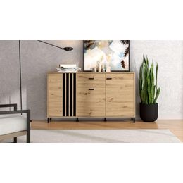Sideboard Home Affaire "LAVAL, Kommode, Kombikommode, Anrichte, Schrank", artisan eiche, B:157cm H:90cm T:40cm, Holzwerkstoff, MDF, Metall, Sideboards, Sideboard, Modernes Sideboard in Artisan, 3 T&uuml;ren & 1 Schublade, Lamellen-Optik