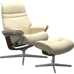 Relaxsessel stressless "Sunrise", beige (vanilla paloma), B:92cm H:105cm T:80cm, Leder PALOMA: PALOMA ist ein durchgef&auml;rbtes Semianilin-M&ouml;belleder mit nat&uuml;rlicher Narbung., Sessel, Relaxsessel, mit Hocker, mit Cross Base, Gr&ouml;&szlig;e S, M & L, Holzakzent Braun