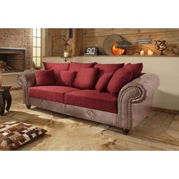 Big-Sofa Home Affaire "King George Mega Sofa, viel Platz, Federkern", braun (braun, rot), B:242cm T:103cm, Korpus aus Luxus-Microfaser in Vintage-Optik (100% Polyester), Sitzfl&auml;che aus Chenillebezug (70% Polyacryl 30% Polyester), Kissen in Druckstoff (100% Polyester), Sofas, Big-Sofa
