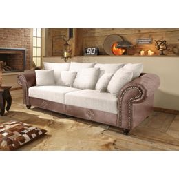 Big-Sofa Home Affaire "King George Mega Sofa, viel Platz, Federkern", braun (braun, sand), B:242cm T:103cm, Korpus aus Luxus-Microfaser in Vintage-Optik (100% Polyester), Sitzfl&auml;che aus Chenillebezug (70% Polyacryl 30% Polyester), Kissen in Druckstoff (100% Polyester), Sofas, Big-Sofa
