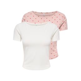 Kurzarmshirt Only "ONLSUSAN SHORT S/S 2 PACK TOP CS JRS", Damen, Gr. XS, cloud dancer pack:rose smoke with hearts, Jersey, Obermaterial: 95% Baumwolle, 5% Elasthan, bedruckt, unifarben, slim fit normal, Rundhals, Shirts Kurzarmshirt