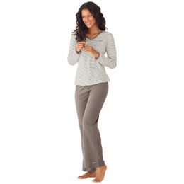 H.I.S. Pyjama H.I.S, Damen, Gr. 32/34, beige (creme, taupe), Single Jersey, Obermaterial: 100% Baumwolle, gestreift, unifarben, Basic, Basic lang, V-Ausschnitt, eingesetzt Blende kontrastfarben, Homewear-Sets Pyjama, mit garngef&auml;rbten Streifen, Topseller