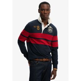 Langarmshirt Superdry "DOUBLE EMBLEM STRIPE RUGBY", Herren, Gr. S, navy, rot chest band stripe, Single Jersey, Obermaterial: 100% Baumwolle, gestreift, relaxed fit normal, ohne Ausschnitt, Shirts Langarmshirt