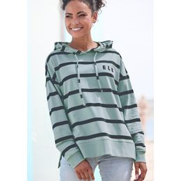 Kapuzensweatshirt ELBSAND, Damen, Gr. L (40), blau (blau, marine), Sweatware, Obermaterial: 95% Baumwolle, 5% Elasthan, gestreift, figurumspielend h&uuml;ftbedeckend, Rippb&uuml;ndchen, Sweatshirts Kapuzensweatshirt, mit Logoprint