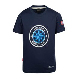 T-Shirt Trollkids "KIDS WINDROSE T", Jungen, Gr. 164, blau (navy, cloudy grau), Obermaterial: 65% Baumwolle, 35% Polyester, Rundhals, Shirts T-Shirt, f&uuml;r Kinder und Jugendliche, sportlicher Stil, pflegeleicht