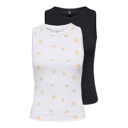 Shirttop Only "ONLSALLY TANK TOP 2 PACK AOP CS JRS", Damen, Gr. L, schwarz pack:wei&szlig; with lemon, Jersey, Obermaterial: 95% Baumwolle, 5% Elasthan, bedruckt, unifarben, slim fit normal, Rundhals, Tops Shirttop