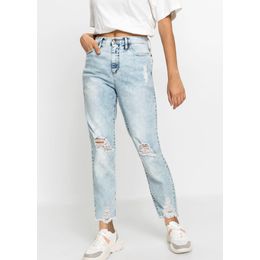 Mom-Jeans bonprix, Damen, Gr. 50, N-Gr, blau used, Denim/Jeans, Obermaterial: 82% Baumwolle, 17% Polyester, 1% Elasthan, regular fit, Jeans Mom-Jeans, modischer Schnitt, Regular Fit, ausgefranster Saum, Topseller