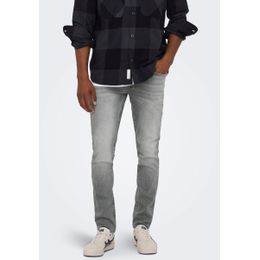 Only & Sons Slim-fit-Jeans ONLY & SONS "ONSLOOM SLIM LBD 8263 AZG DNM NOOS", Herren, Gr. 28, L&auml;nge 32, grau (light grau), Denim/Jeans, Obermaterial: 98% Baumwolle, 2% Elasthan, Abriebeffekte, schmal kn&ouml;chellang, Jeans Slim-fit-Jeans