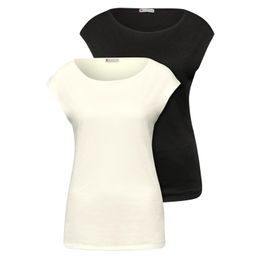 T-Shirt Street One, Damen, Gr. 38, sanftes wei&szlig;, schwarz, Web, 50% Baumwolle, 50% Modal, unifarben, normal normal, U-Boot-Ausschnitt, abgesteppt, Shirts T-Shirt, mit U-Boot-Ausschnitt
