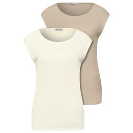 T-Shirt Street One, Damen, Gr. 40, beige (sanftes wei&szlig;, cotton beige), Web, 50% Baumwolle, 50% Modal, unifarben, normal normal, U-Boot-Ausschnitt, abgesteppt, Shirts T-Shirt, mit U-Boot-Ausschnitt