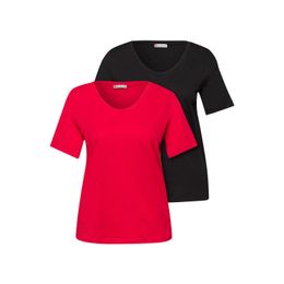 T-Shirt Street One, Damen, Gr. 34, schwarz, salsa rot, Web, 50% Baumwolle, 50% Modal, unifarben, normal normal, V-Ausschnitt, abgesteppt, Shirts T-Shirt, mit abgerundetem V-Ausschnitt