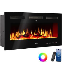 TecTake&reg; Elektro-Wandkamin, 2 Leistungsstufen mit 900 W und 1800 W, mehrere Farb-, Helligkeits- und Geschwindigkeitseinstellungen, mit Fernbedienung und App-Steuerung, integriertes Thermostat