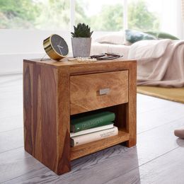 FineBuy Nachttisch Sheesham Massivholz Schublade Nachtkonsole Landhaus Nachtk&auml;stchen