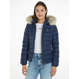 Daunenjacke Tommy Jeans "BASIC HOODED DOWN JACKET", Damen, Gr. XS (34), blau (twilight navy), Web, Obermaterial: 100% Polyester. Wattierung: 70% Daunen, 30% Federn, Fellimitat, bestickt, unifarben, Basic h&uuml;ftlang, B&uuml;ndchen mit Windstopper, Jacken Daunenjacke, mit Fellimitat an der Kapuze & Tommy Jeans Logo-Flag