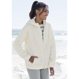 ELBSAND Fleecejacke beige Gr. 42 f&uuml;r Damen. Mit Schriftzug, Stickereien. Gerade. Nachhaltig.