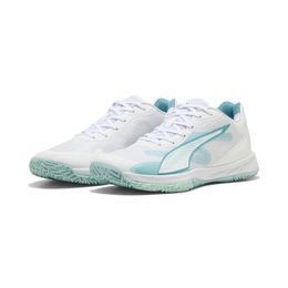 Hallenschuh Puma "ACCELERATE TURBO 4 W+ GAME ON", Damen, Gr. 39, Puma wei&szlig;, baltic sea blau, fresh water, Textil, Schuhe Hallenschuh, mit Schn&uuml;rung, Gummilaufsohle mit leichtem Profil