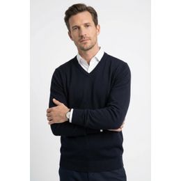 V-Ausschnitt-Pullover OLYMP "OLYMP Strick Casual", Herren, Gr. S, blau (marine), Obermaterial: 100% Schurwolle, tailliert, V-Ausschnitt, Pullover V-Ausschnitt-Pullover, klassischer Strickpullover
