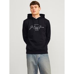 Jack & Jones Kapuzensweatshirt JACK & JONES "JJFERRIS SWEAT HOOD", Herren, Gr. S, schwarz (schwarz print:big), angeraute Sweatware, Obermaterial: 60% Baumwolle, 40% Polyester, bedruckt, normal, Rundhals, Rippb&uuml;ndchen, Sweatshirts Kapuzensweatshirt