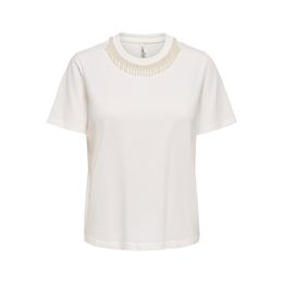 Kurzarmshirt Only "ONLPARKER S/S O-NECK BLING TOP BOX JRS", Damen, Gr. M, cloud dancer detail:fake pearl neck piece, Jersey, Obermaterial: 50% Baumwolle, 50% Modal, unifarben, figurbetont normal, Rundhals, Shirts Kurzarmshirt, Materialmix, regular fit, Rundhals, mit Strass-Stein Detail