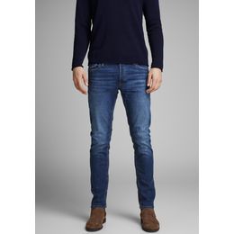 Jack & Jones Slim-fit-Jeans JACK & JONES "JJIGLENN Slim-Fit mit Stretch und praktischer 5-Pocket-Form", Herren, Gr. 32, L&auml;nge 34, blau (dunkelblau denim), Denim/Jeans, Obermaterial: 70% Baumwolle, 28% Polyester, 2% Elasthan, Abriebeffekte, slim fit kn&ouml;chellang, Jeans Slim-fit-Jeans, Baumwollmischung, slim fit, Topseller