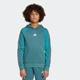 Kapuzensweatshirt adidas Sportswear "SEASONAL ESSENTIALS COLORBLOCK KIDS HOODIE", Damen, Gr. 164, preloved teal, pure teal, wei&szlig;, Obermaterial: 55% Baumwolle, 36% Polyester, 9% Viskose, angesetztes B&uuml;ndchen, Sweatshirts Kapuzensweatshirt
