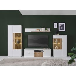 Wohnwand Home Affaire "HUDSON", wei&szlig; (wei&szlig; matt tz, applikation evoke eiche mdf tz), B:320cm H:180cm T:42cm, Kastenm&ouml;bel-Sets, Wohnwand, mit moderner Rillenoptik, Griffe aus Metall (Schwarz), Breite 320 cm