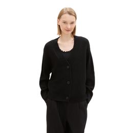 Cardigan Tom Tailor Denim, Damen, Gr. S (36), schwarz (deep schwarz), Strick, Obermaterial: 50% Baumwolle, 50% Polyacryl, Strukturmuster, unifarben, regular fit taillenbedeckt, V-Ausschnitt, B&uuml;ndchen, Strickjacken Cardigan, mit Strickstruktur und Knopfleiste
