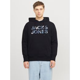 Jack & Jones Kapuzensweatshirt JACK & JONES "JJEBRYAN CORP LOGO SWEAT HOOD NOOS", Herren, Gr. S, schwarz, angeraute Sweatware, Obermaterial: 100% Baumwolle, bedruckt, relaxed fit taillenbedeckt, ohne Ausschnitt, Rippb&uuml;ndchen, Sweatshirts Kapuzensweatshirt, mit Logo Druck