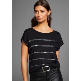 T-Shirt Laura Scott, Damen, Gr. 40, schwarz, Single Jersey, Obermaterial: 95% Viskose, 5% Elasthan, Glitzerstreifen, gestreift, unifarben, figurumspielend h&uuml;ftlang, Rundhals, angeschnitten, Shirts T-Shirt, figurumspielende Passform, Rundhalsausschnitt, Topseller