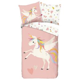 Jugendbettw&auml;sche Unicorn, Rosa, Rot, Textil, Einhorn, 135x200 cm, atmungsaktiv, Schlaftextilien, Bettw&auml;sche, Kinderbettw&auml;sche