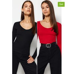 Trendyol 2er-Set: Longsleeves in Schwarz/ Rot - 60% | Gr&ouml;&szlig;e S | Damen-tops