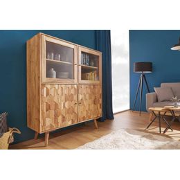 Riess Ambiente Massivholz Highboard MYSTIC LIVING 140cm Akazie natur Vitrine 3D-Oberfl&auml;che Riess-Ambiente