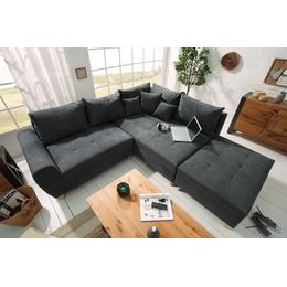 Riess Ambiente Design Ecksofa SCANDINAVIA 250cm anthrazit Microvelours Wohnlandschaft inkl. Hocker Holzf&uuml;&szlig;e Riess-Ambiente L-Form Wohnzimmer Skandinavisch
