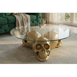 Riess Ambiente Design Couchtisch SKULL XXL 90cm gold rund Glasplatte Metall Totenkopf handmade Riess-Ambiente Sofatisch Wohnzimmertisch Glamour Industrie & Loft...