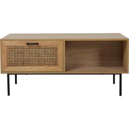 M&ouml;bilia Couchtisch &raquo;Ailis&laquo; Je 1 Schublade, 1 offenes Fach auf beiden Seiten schwarz MDF mit Paulownia-Furnier, Front Rattan, Beine pulverbeschichtetes Metall