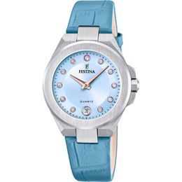 Festina Damen Quarzuhr &raquo;Mademoiselle&laquo; Armbanduhr, Damenuhr, Lederarmband, analog, Tag, Zirkonia (synth.) blau