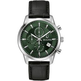 Bulova Damen Chronograph Armbanduhr, Quarzuhr, Herrenuhr, Damenuhr, Lederarmband, Datum schwarz