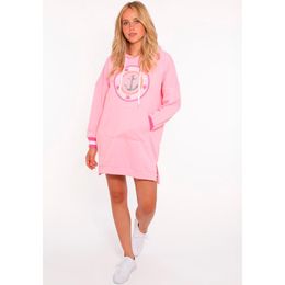 Zwillingsherz Damen Sweatkleid &raquo;"Zuhause am Strand"&laquo; K&auml;ngurutasche mit Kapuze, K&auml;nguruhtasche, Pailletten, Neonstreifen, Seitenschlitze rosa S/M, N-Gr