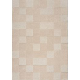 FLAIR RUGS Wollteppich &raquo;Checkboard, mit modernem Schachbrettmuster&laquo; rechteckig 10 mm H&ouml;he Wollteppich mit Schachbrettmuster und Hoch-Tief-Effekt beige