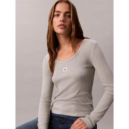 Calvin Klein Jeans Damen Langarmshirt &raquo;LS WOVEN LABEL 2X2 RIB SCOOP NEC&laquo; Mit Rundhalsausschnitt, regular fit grau XL (44)