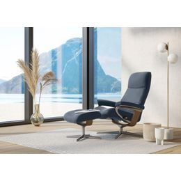 Relaxsessel stressless "View", blau (sparrow blau paloma), B:78cm H:108cm T:78cm, Leder PALOMA: PALOMA ist ein durchgef&auml;rbtes Semianilin-M&ouml;belleder mit nat&uuml;rlicher Narbung., Sessel, Relaxsessel, mit Hocker, mit Cross Base, Gr&ouml;&szlig;e S, M & L, Holzakzent Eiche
